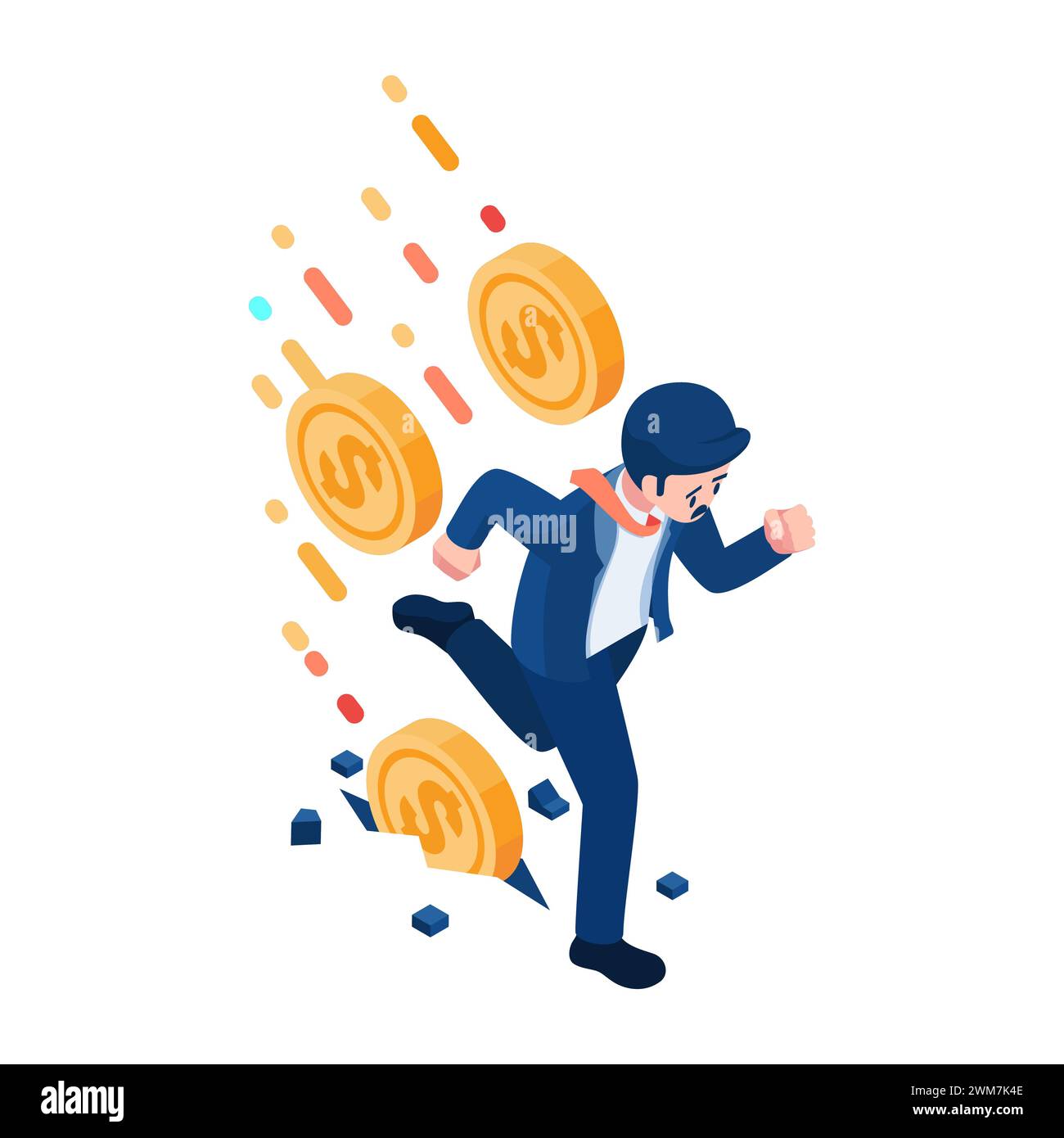 Flat 3d Isometric Businessman Running Away from Falling Money ...