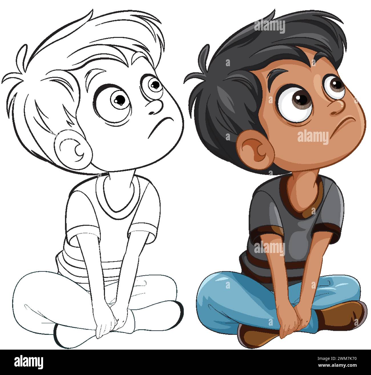 Two cartoon boys sitting and gazing upwards thoughtfully Stock Vector ...