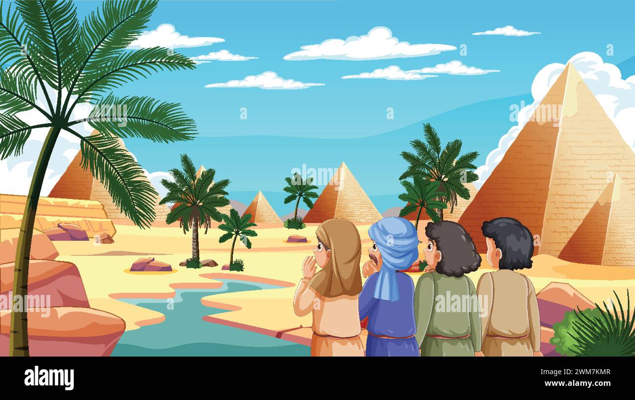 Group of friends admiring the Egyptian pyramids Stock Vector Image ...