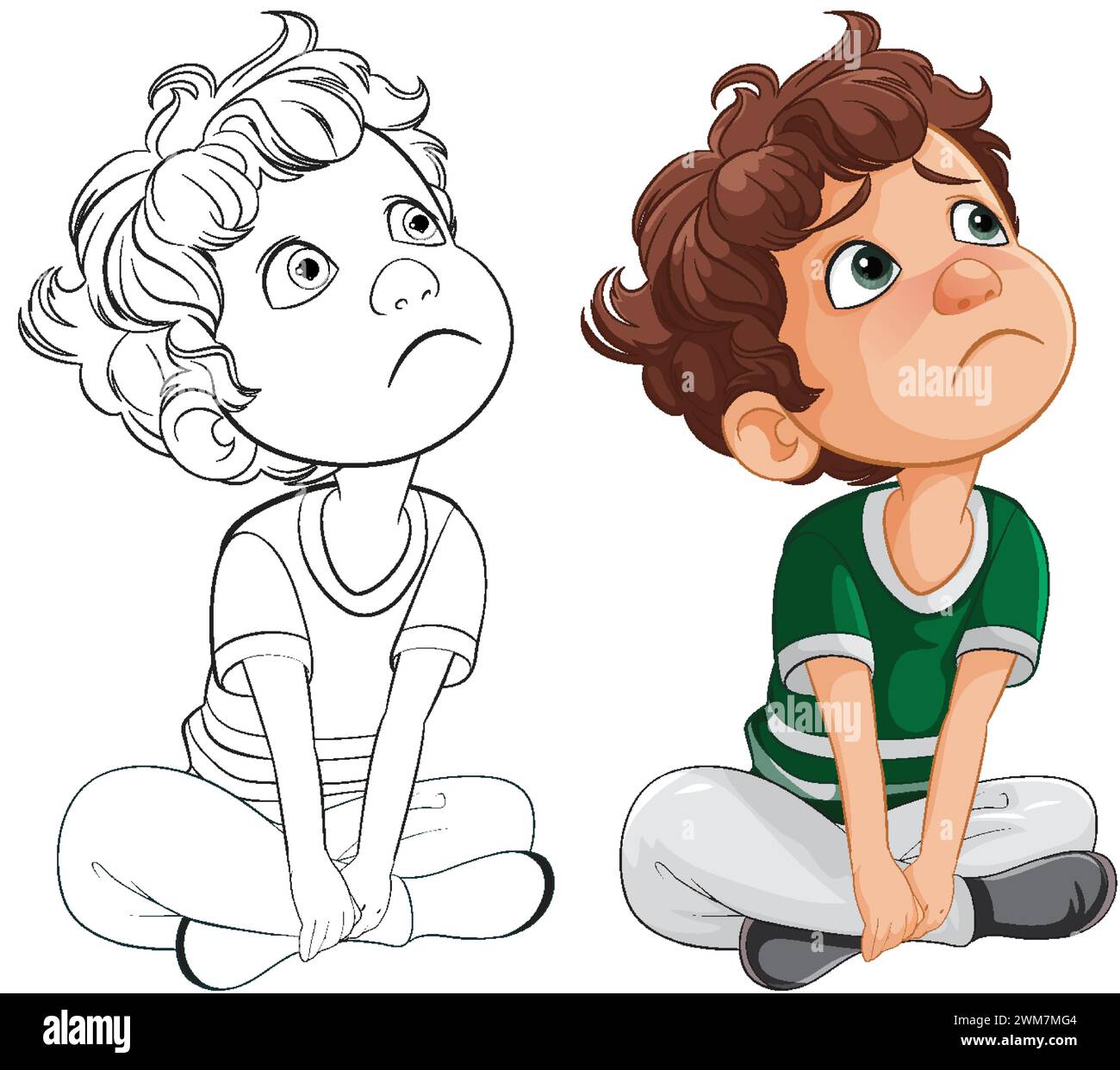 Two illustrated kids sitting, looking thoughtful and worried Stock ...