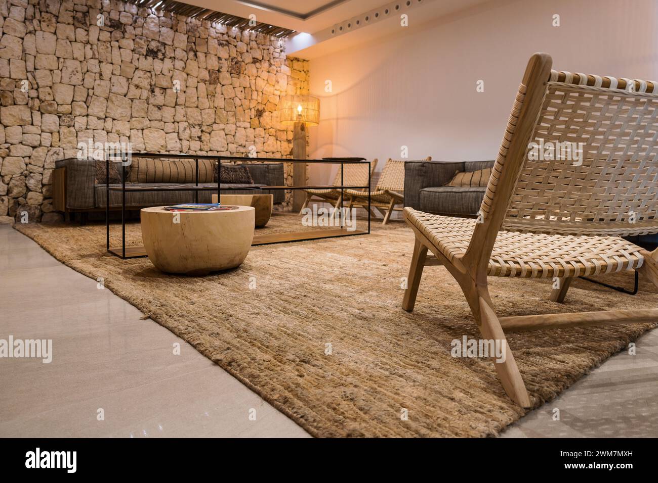 Wide view of an empty rustic hotel reading room in low season. Tourism ...