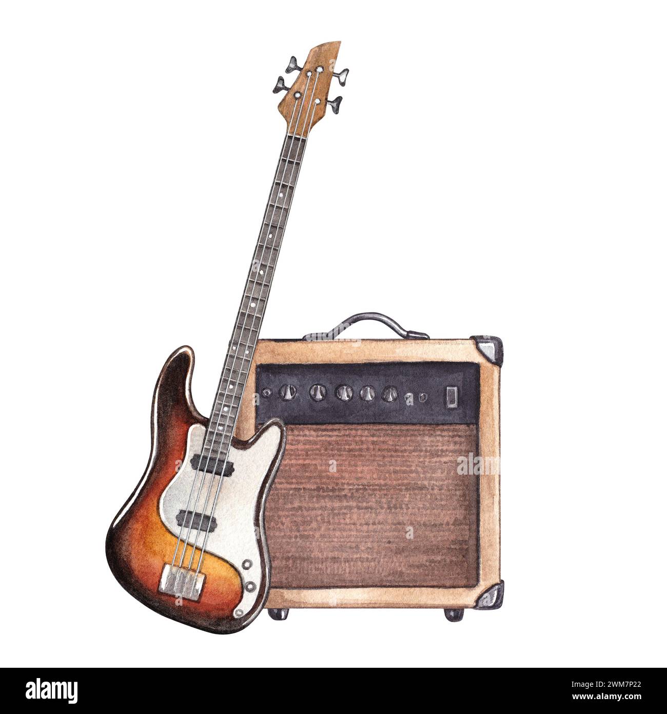 Guitar amplifier and bass guitar. Watercolor hand drawn illustration of ...