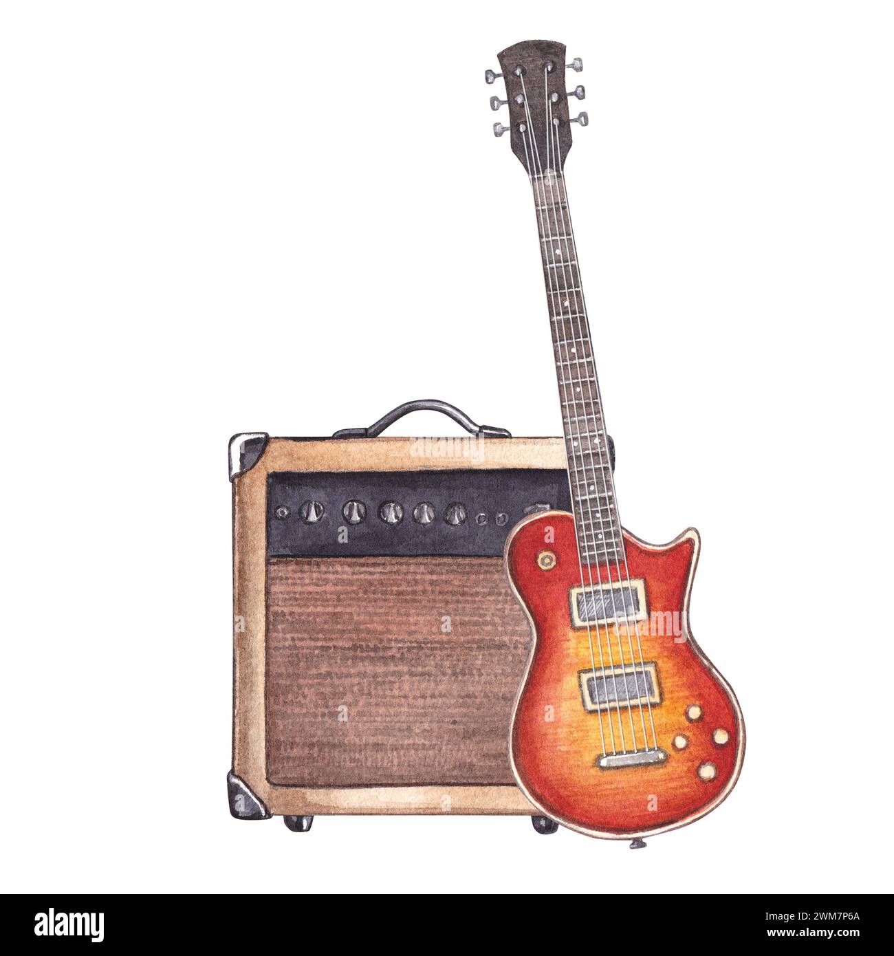 Guitar amplifier and electric guitar. Watercolor hand drawn ...