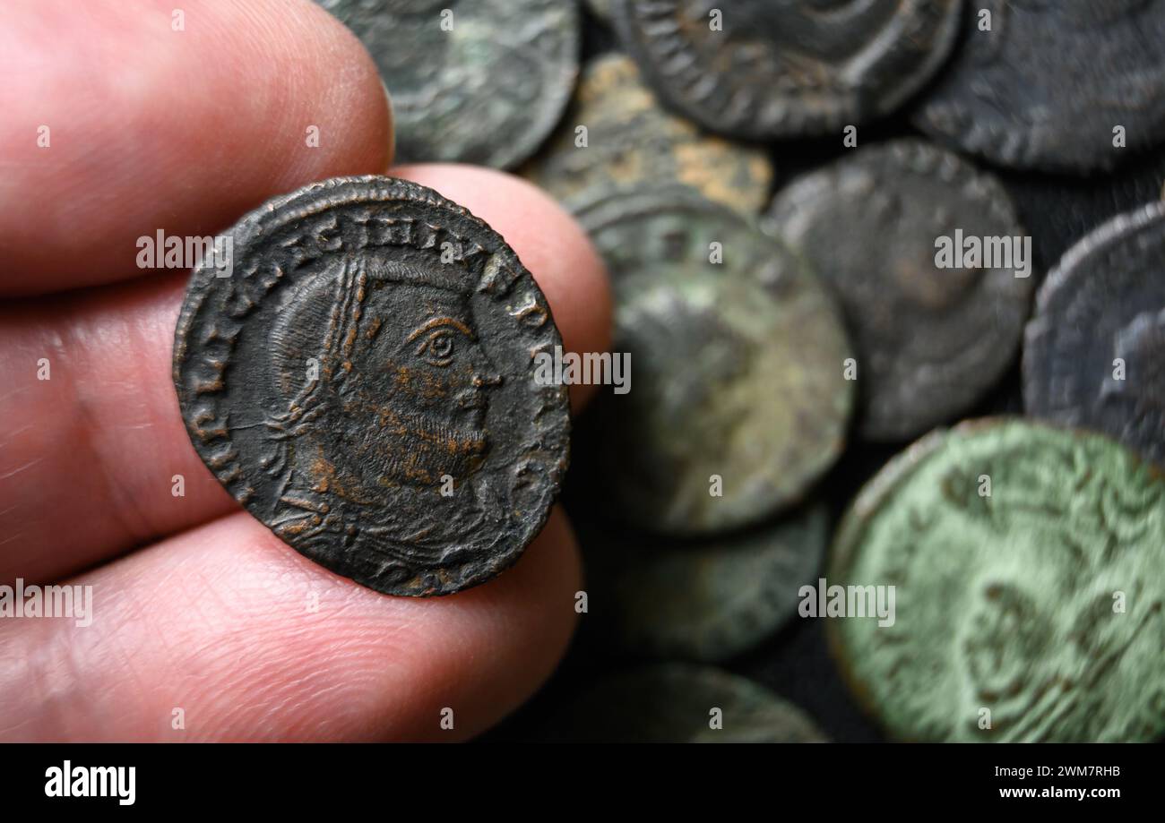 Ancient Roman coin with portrait of emperor Licinius, old bronze money ...