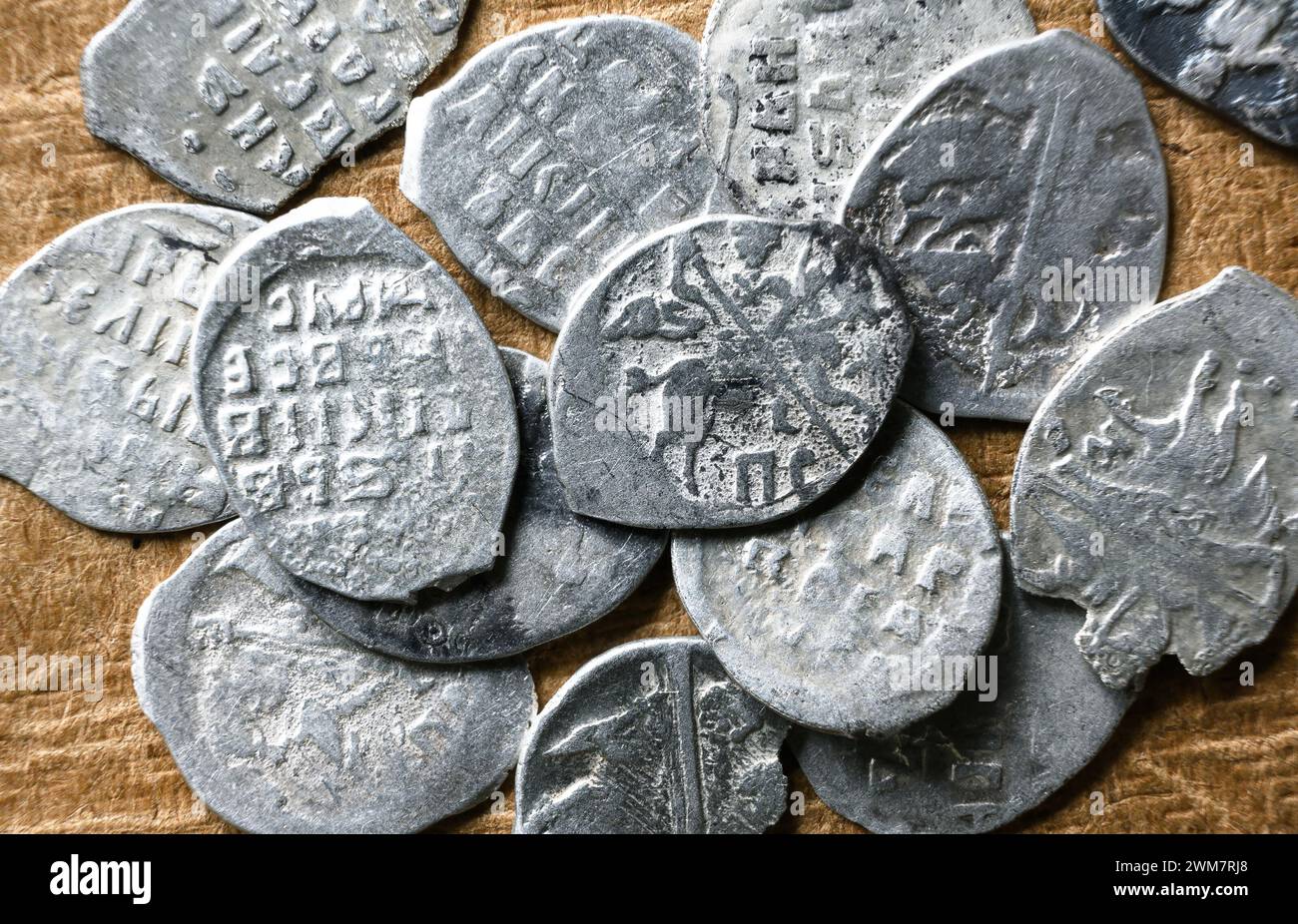 Ancient Russian coins 16th century close-up, pile of silver money of ...