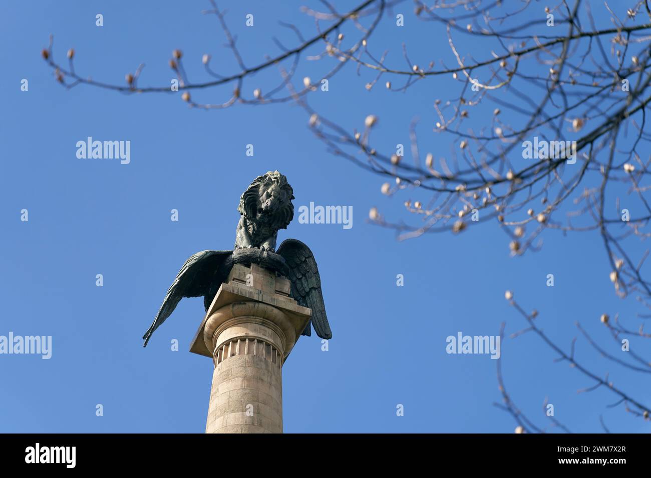 Spring in Porto, Portugal. Top of column celebrating the victory of ...