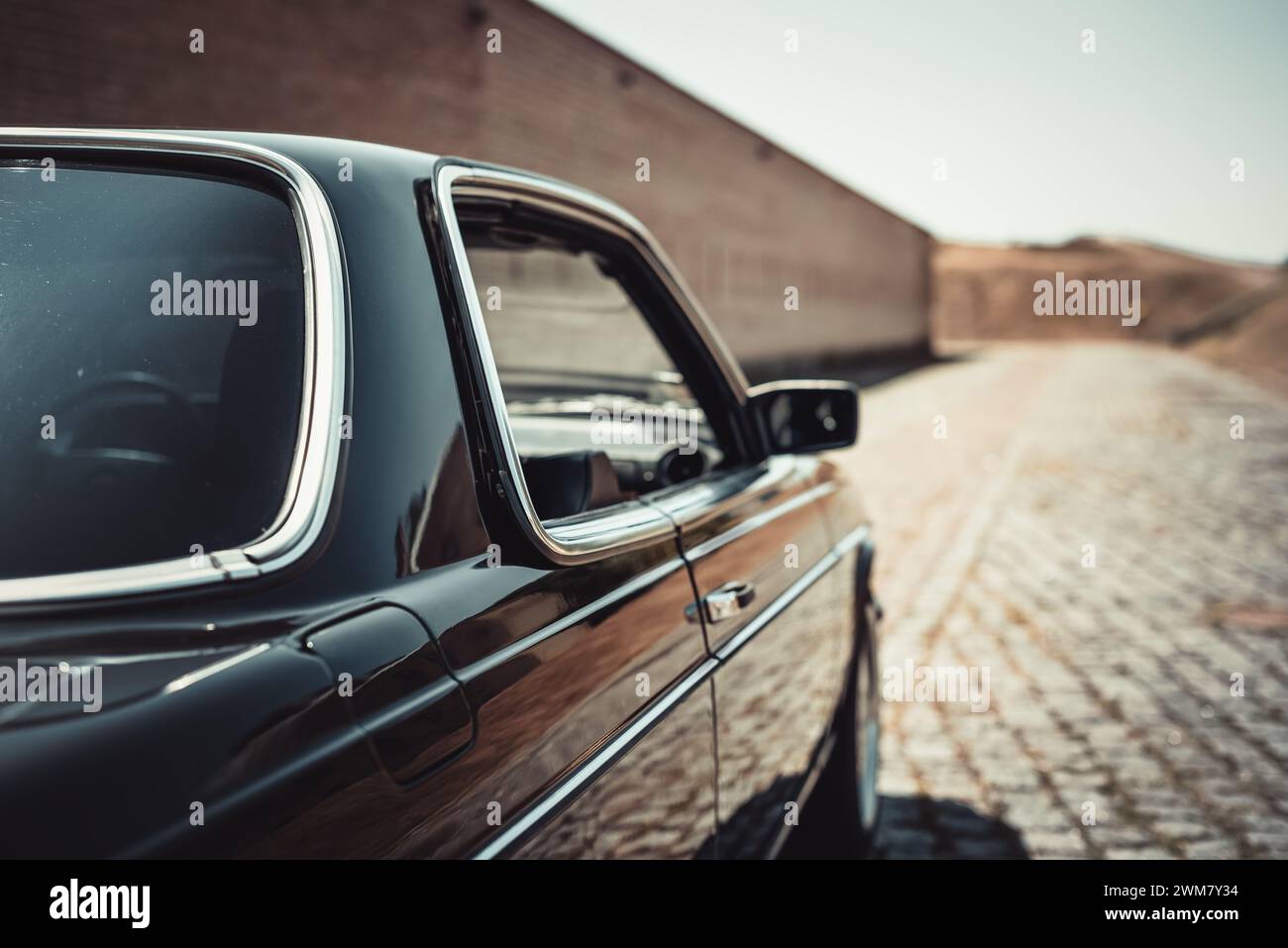 Black classic Mercedes-Benz W123 coupe from 1970s. View from behind of ...