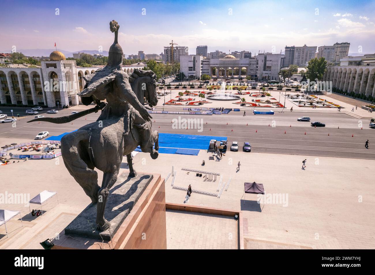 Aerial top view to Monument Epic Statue of Aykol Manas - kyrgyz hero on ...