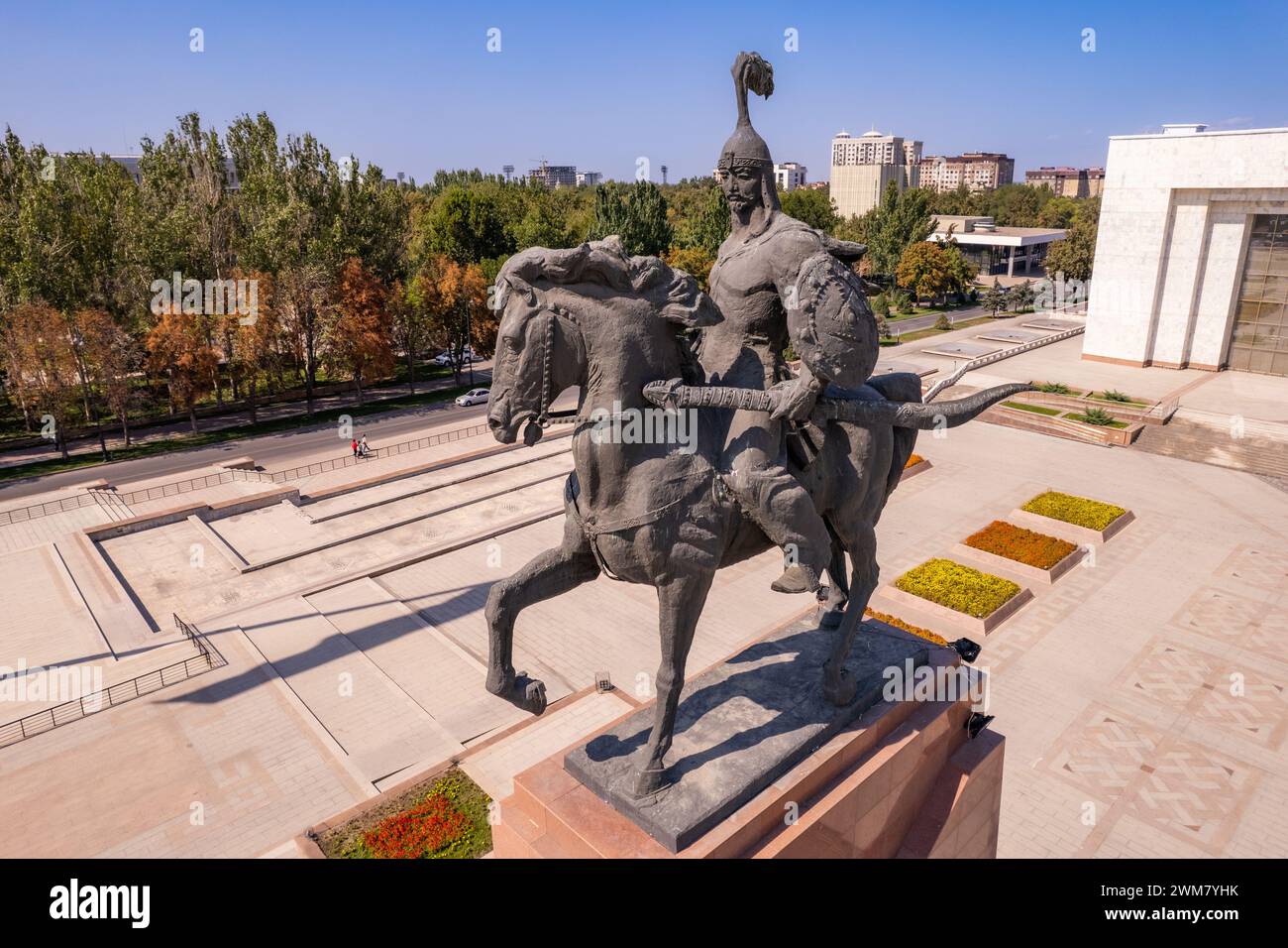Aerial top view to Monument Epic Statue of Aykol Manas - kyrgyz hero on ...