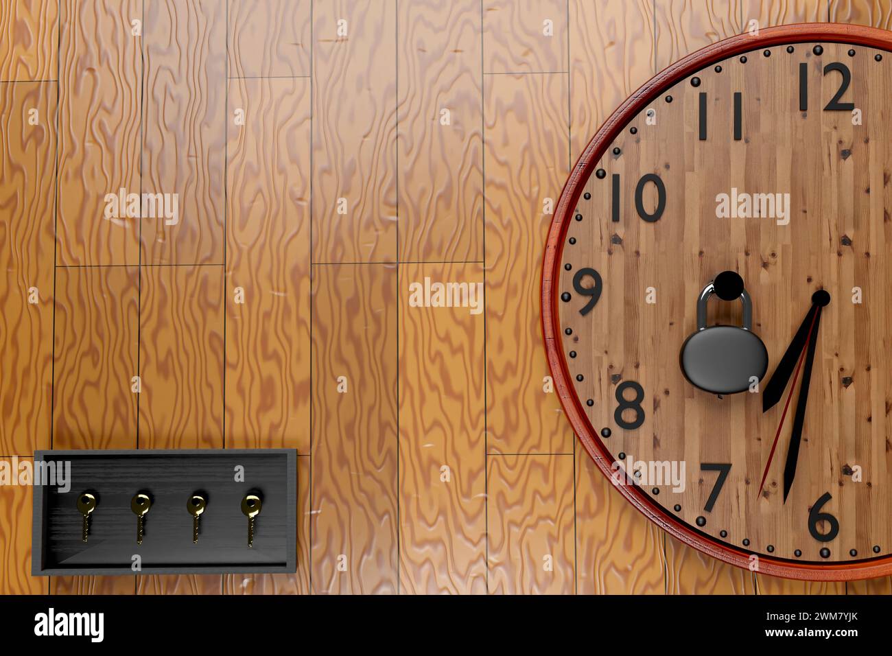 illustration of clock and wooden box with keys over wood background ...