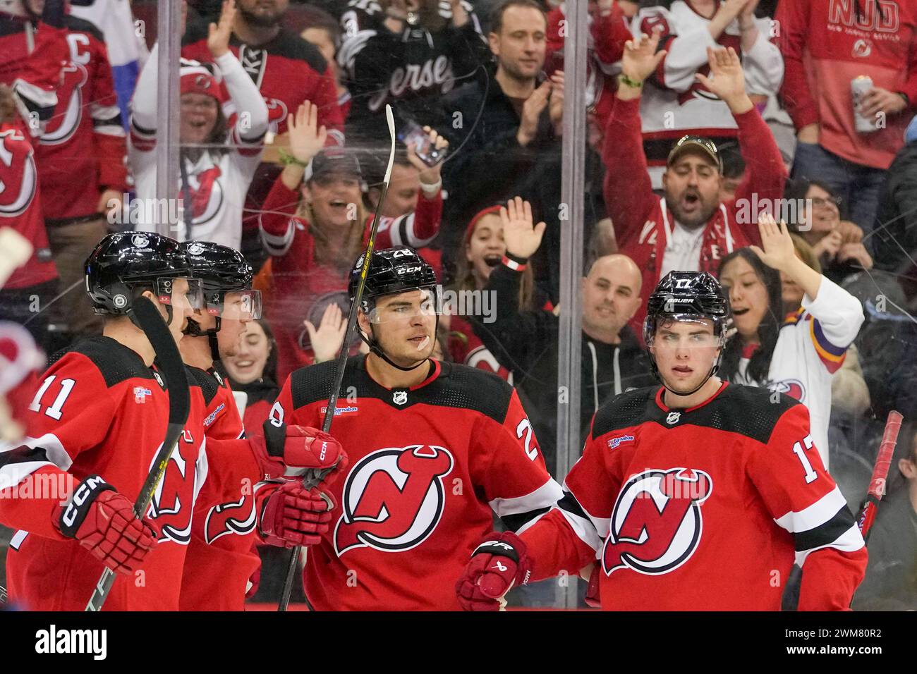 New Jersey Devils right wing Timo Meier (28) celebrates with his ...