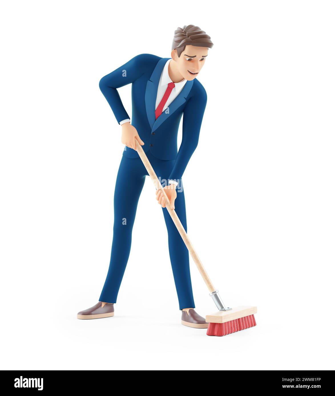 3d cartoon businessman pushing a broom, illustration isolated on white ...