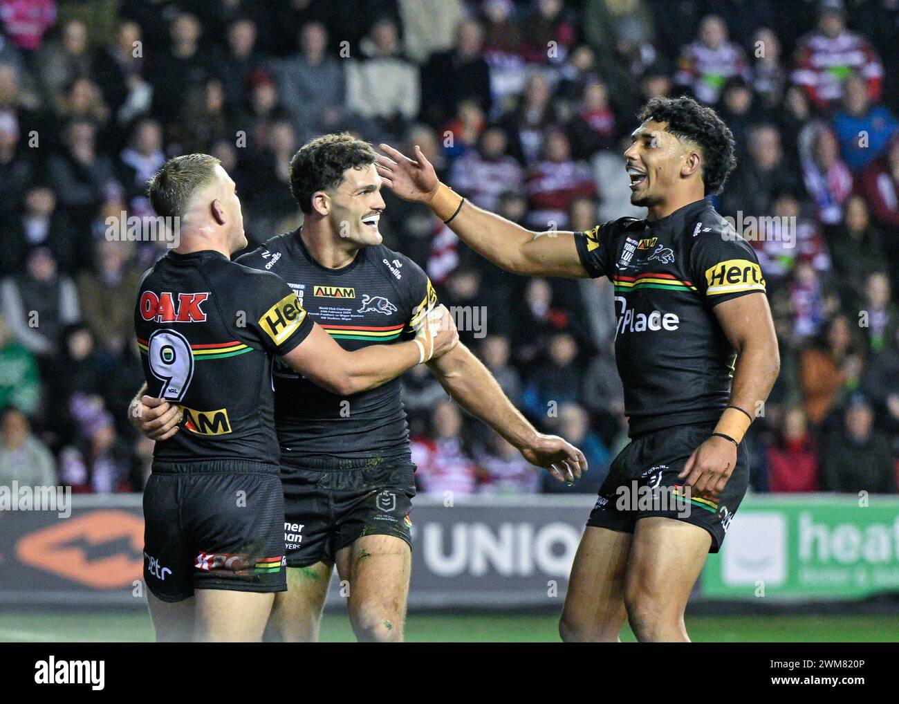 Wigan, UK. 24th Feb, 2024. Nathan Cleary celebrates his try to make it ...