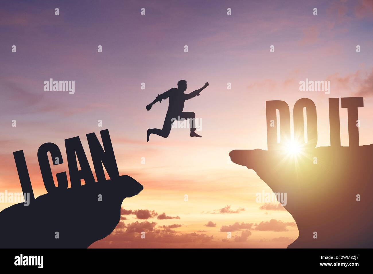 Silhouette of a man jumping from cliff to cliff, business and success ...