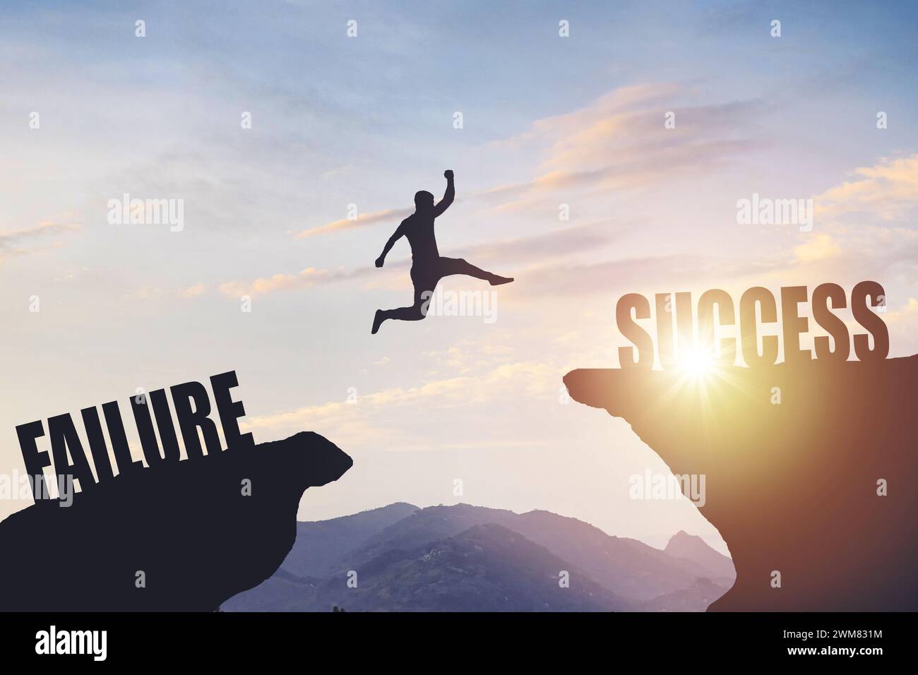 Silhouette of a man jumping from cliff to cliff, business and success ...