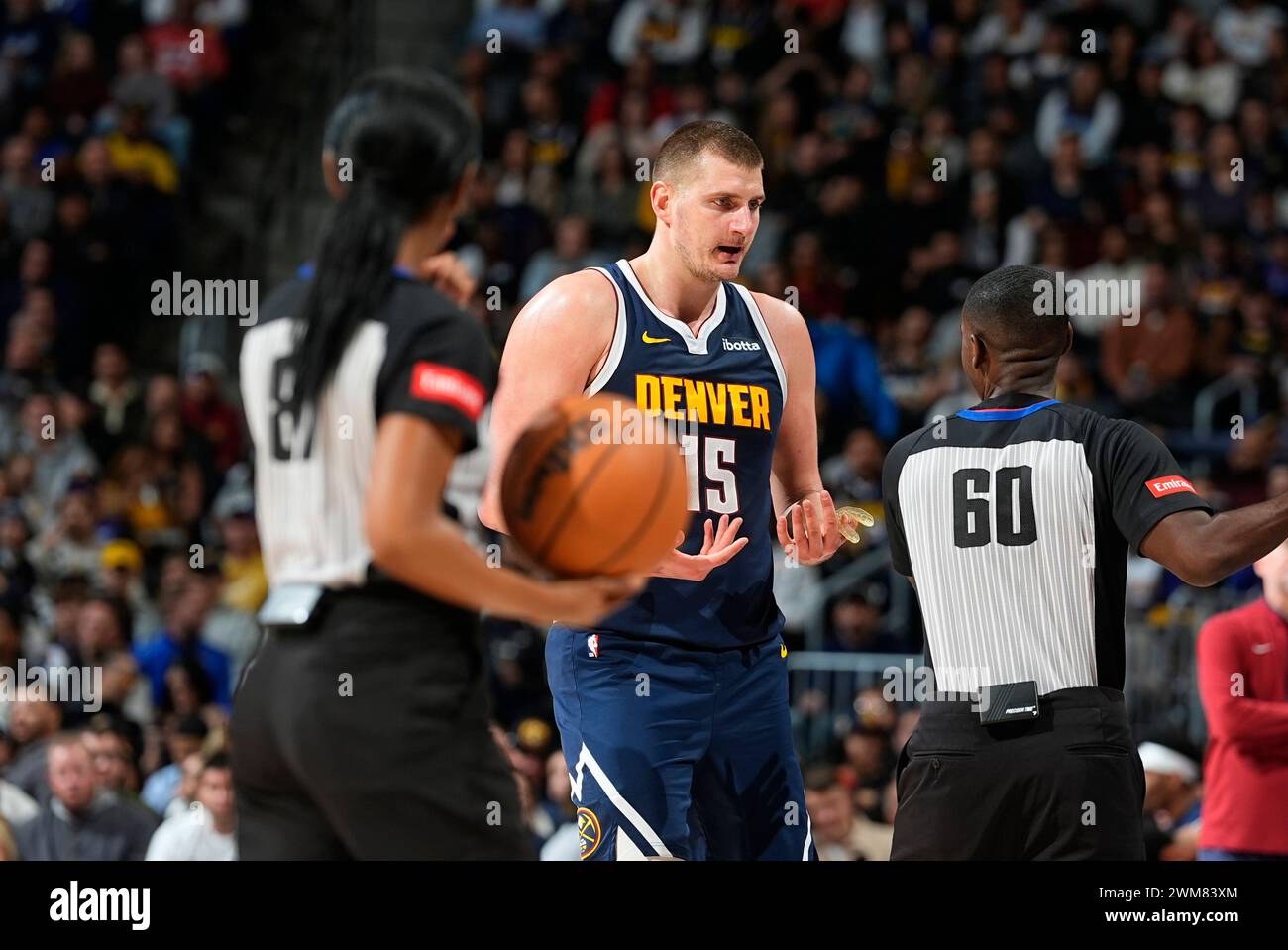 Denver Nuggets center Nikola Jokic (15) argues for a call with referee ...