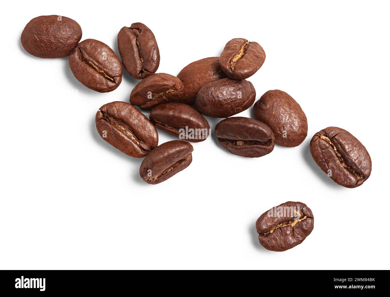 A close-up view of rich, aromatic coffee beans isolated against a clean ...