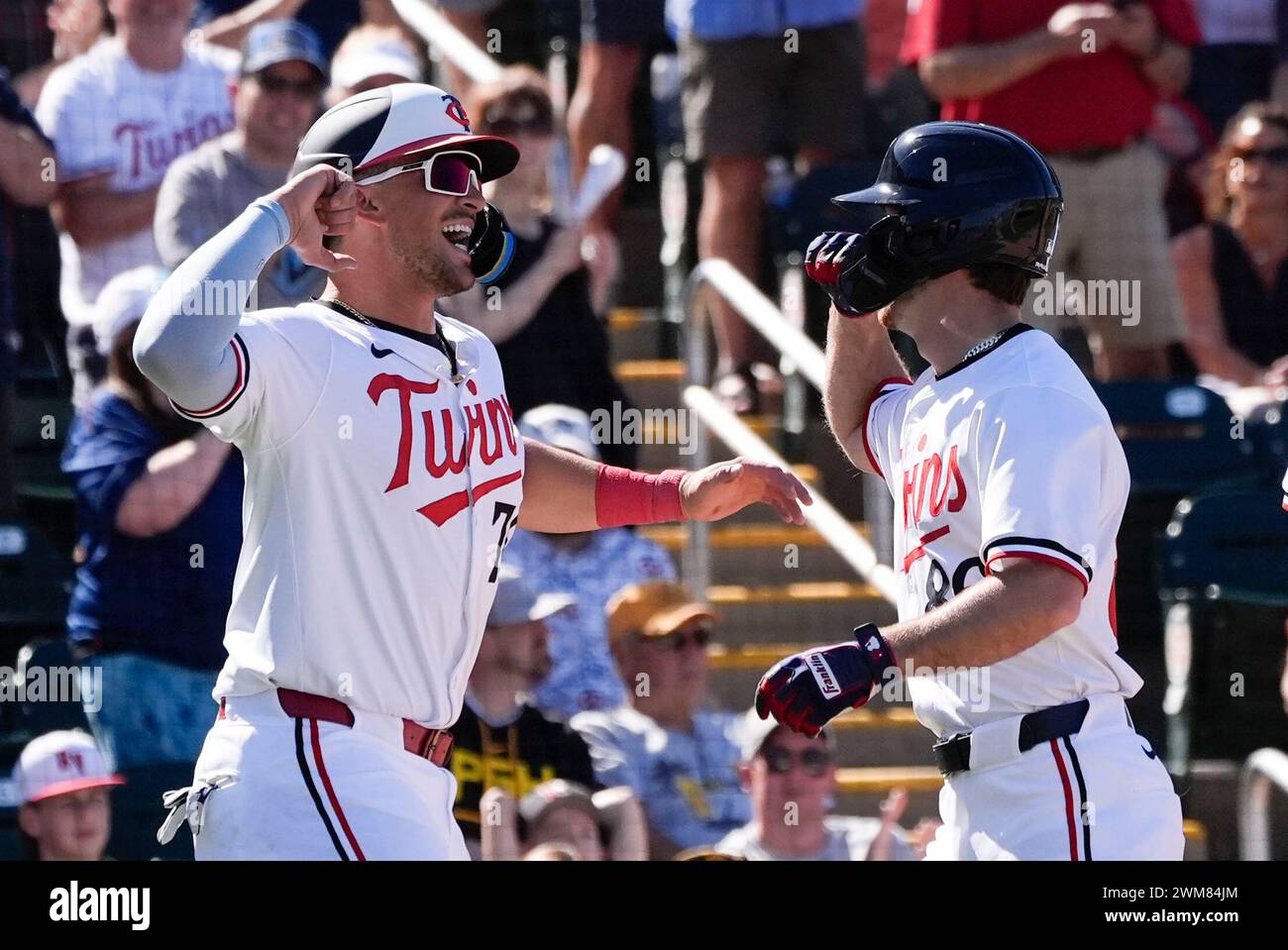 Minnesota Twins Dalton Shuffield is greeted by Alex Isola, left, after ...