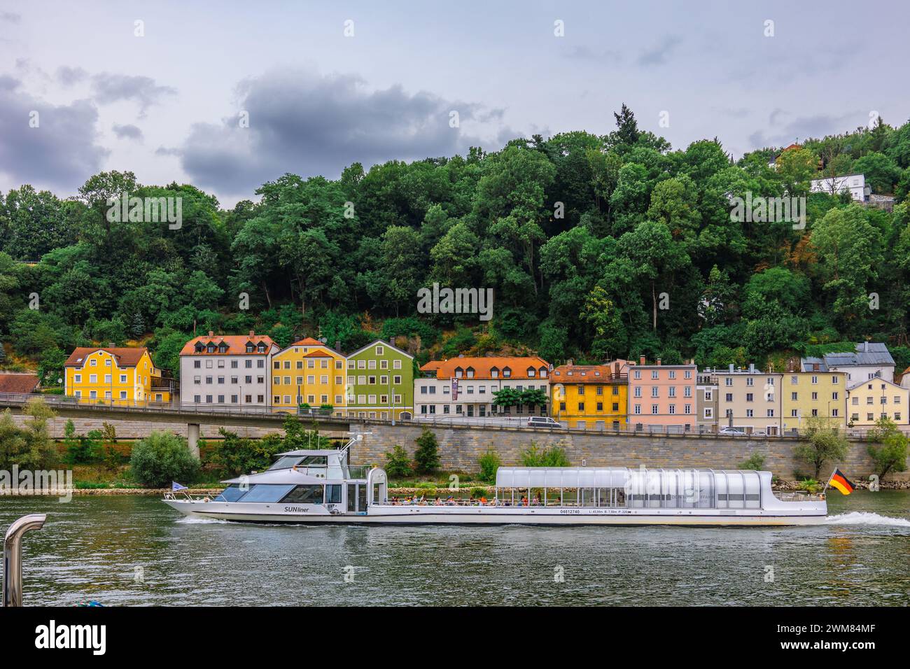 Passau, Germany - July 21, 2023: Panoramic view of colorful row of ...