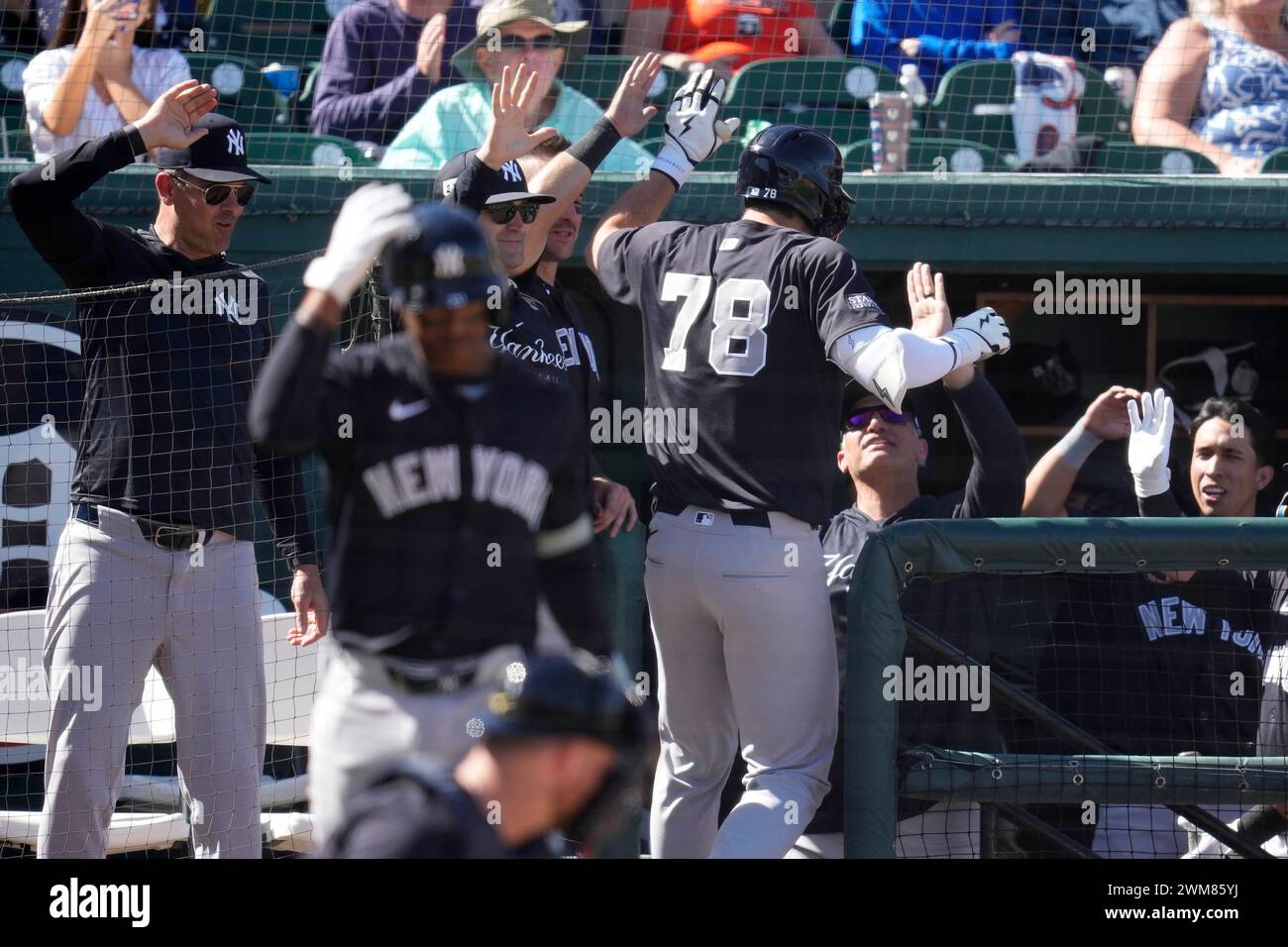 New York Yankees outfielder Spencer Jones celebrates with teammates ...