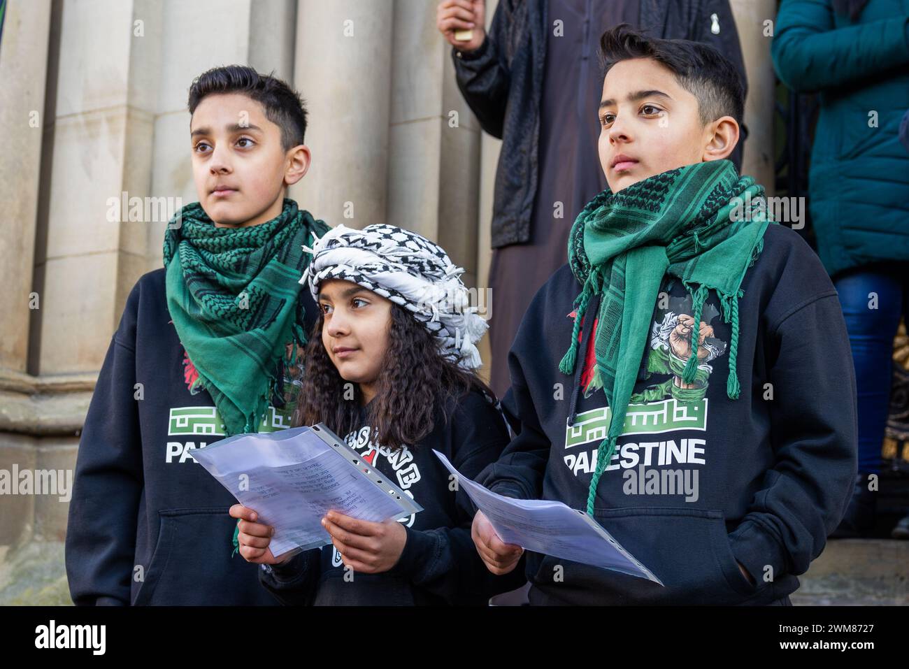 Bradford, UK. 24 FEB, 2024. Young children perform a song for Palestine ...