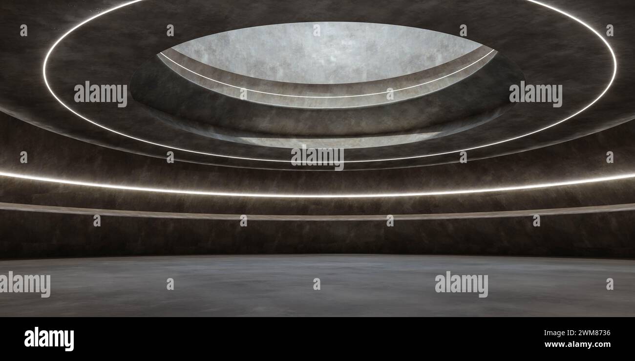 Expansive industrial design room with circular ceiling 3d render ...