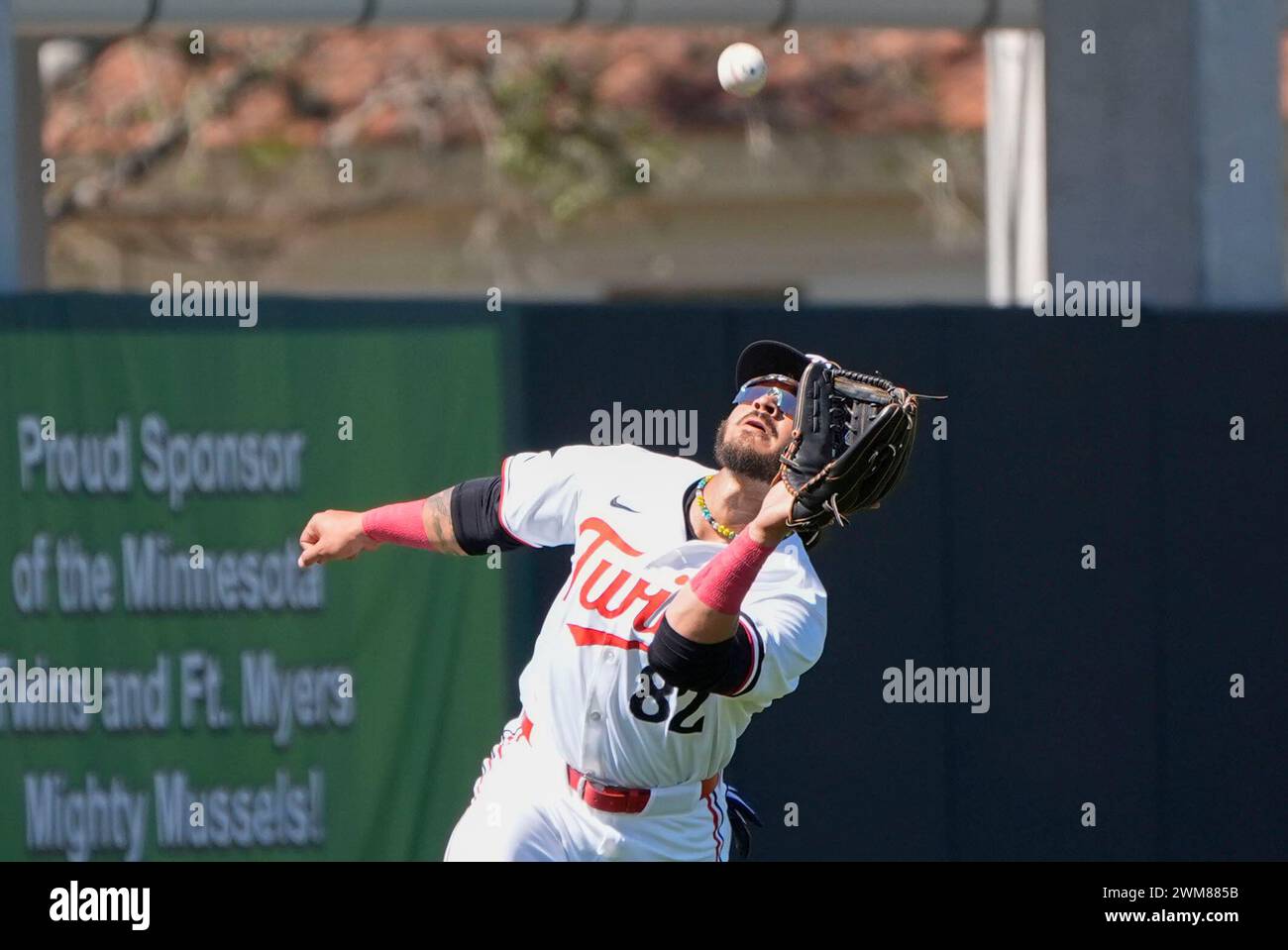 Minnesota Twins left fielder Austin Martin (82) grabs a fly out by ...