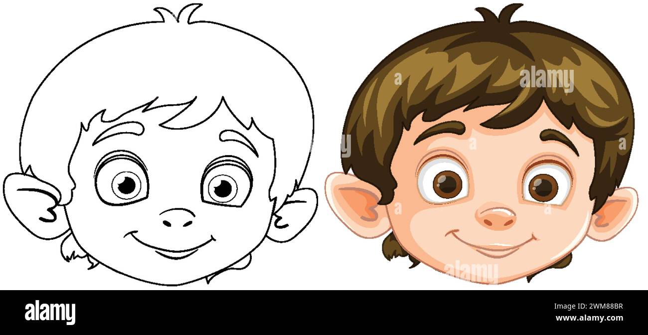 Vector illustration of a boy's face, before and after coloring Stock ...