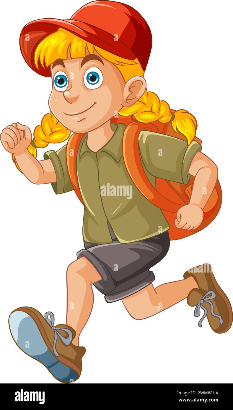 Cartoon girl running with a backpack and cap Stock Vector Image & Art ...