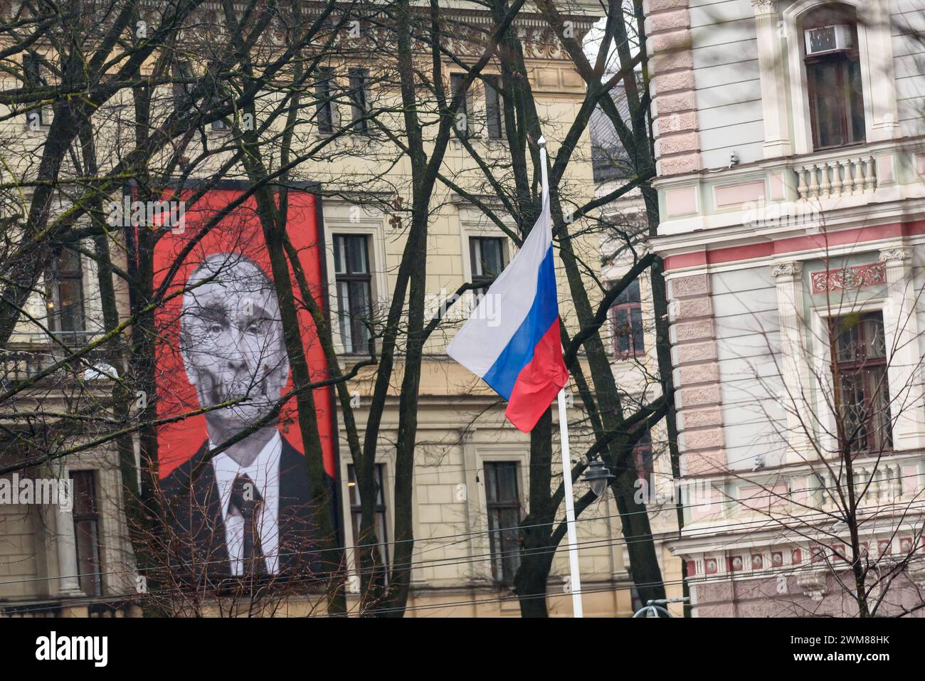 RIGA, LATVIA. 24th February 2024. Selective focus photo. Huge banner ...