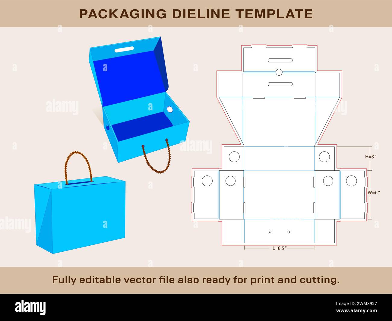 Rope Handle Shoe Box Die line template of Mini size 8.5 x 6 x 3 Inches ...