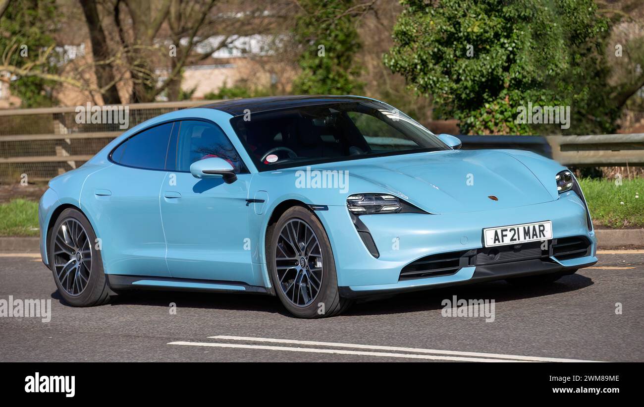 Milton Keynes,UK-Feb 24th 2024: 2021 blue Porsche Taycan Turbo electric ...