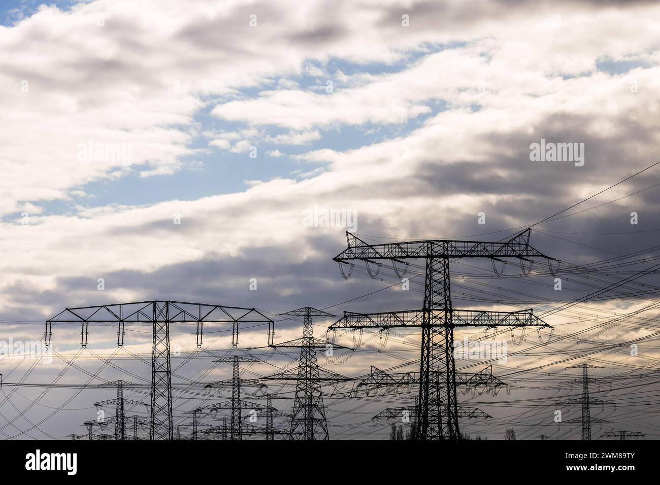 Strommasten einer Stromtrasse am 24. Februar 2024 bei Altlandsberg in ...