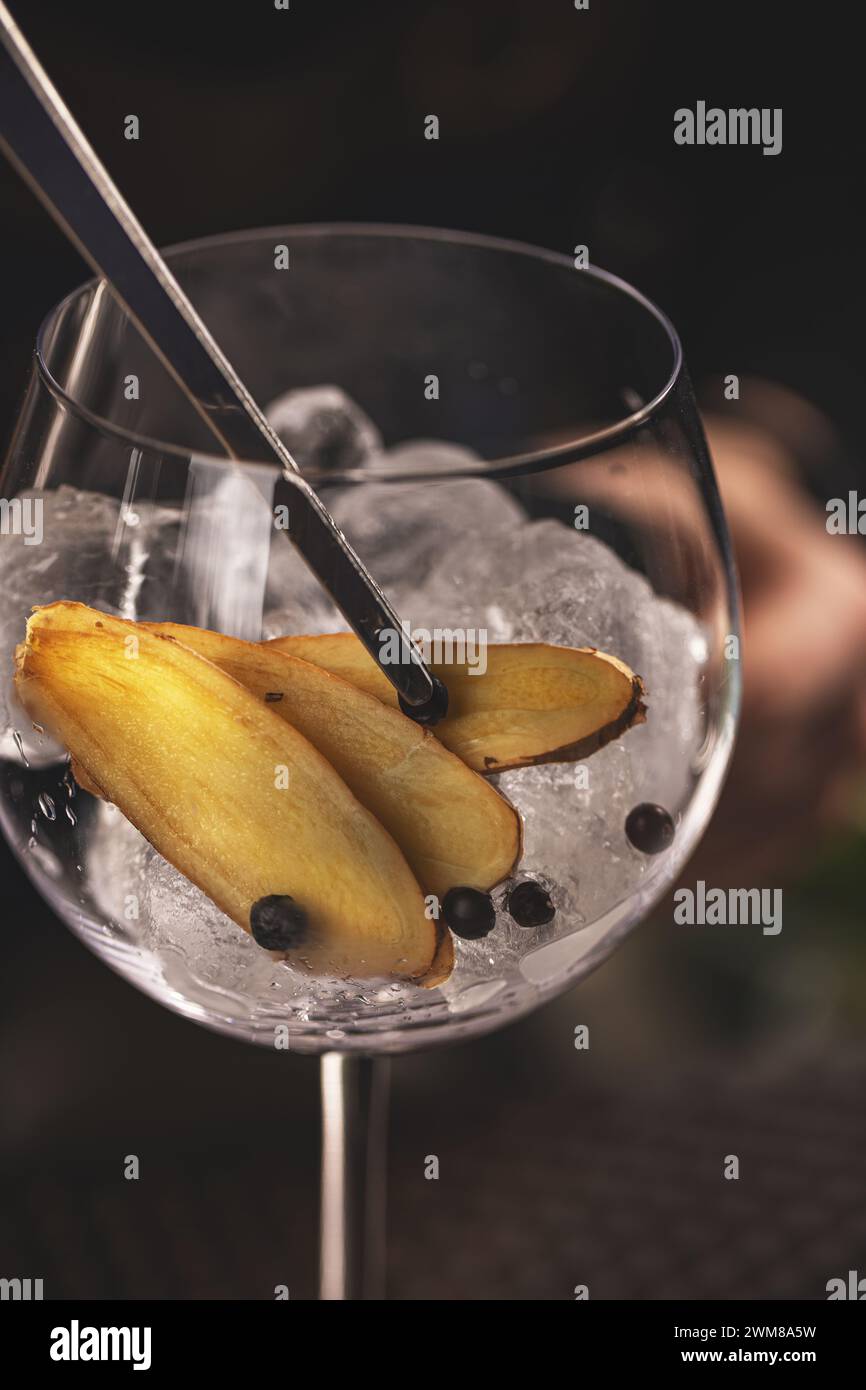 Gin balloon glass with ice cube and ginger garnishes Stock Photo - Alamy