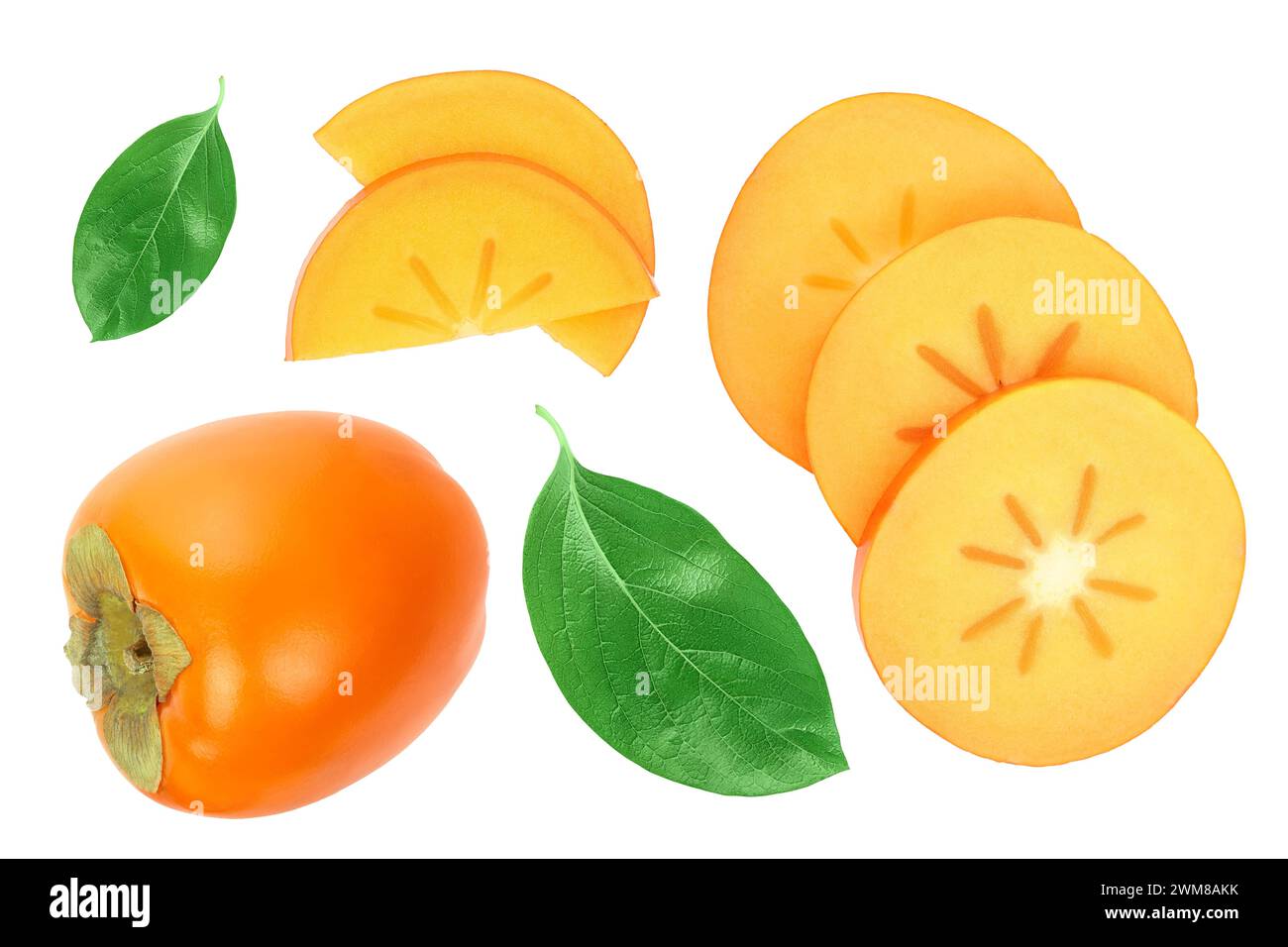 persimmon fruit with slices isolated on white background. Top view ...