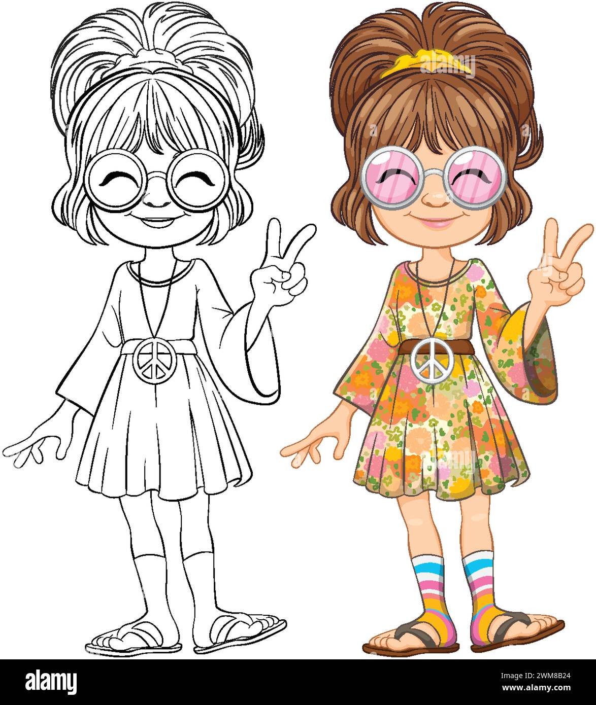 Two girls posing with peace signs, colorful attire Stock Vector Image ...