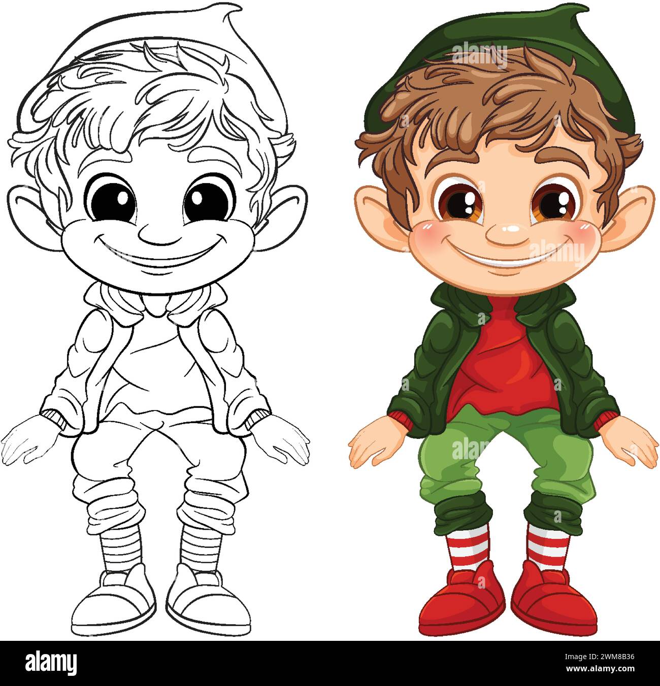 Colorful and line art elf illustrations side by side Stock Vector Image ...