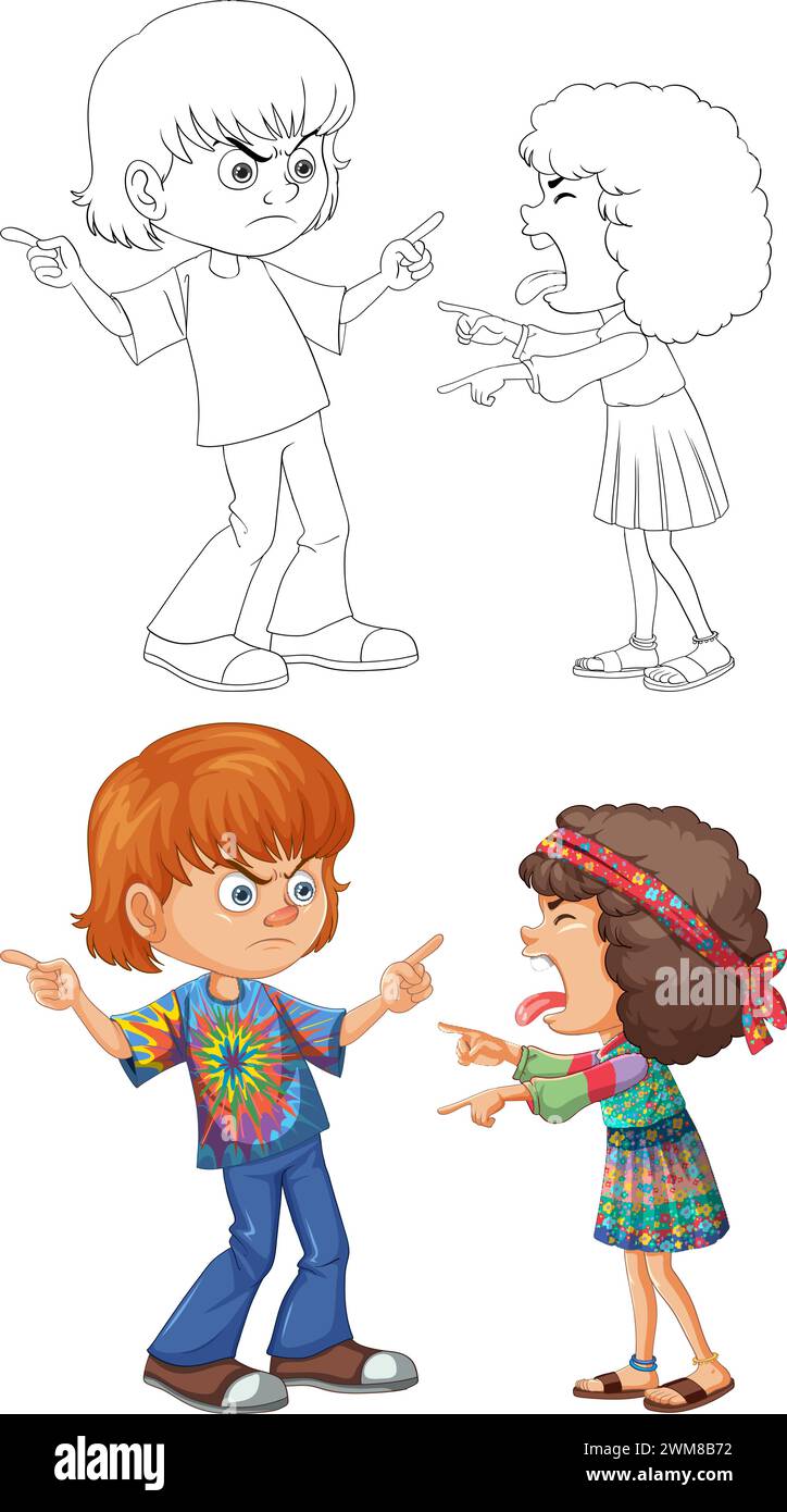 Two cartoon children arguing, colorful and outlined versions Stock ...
