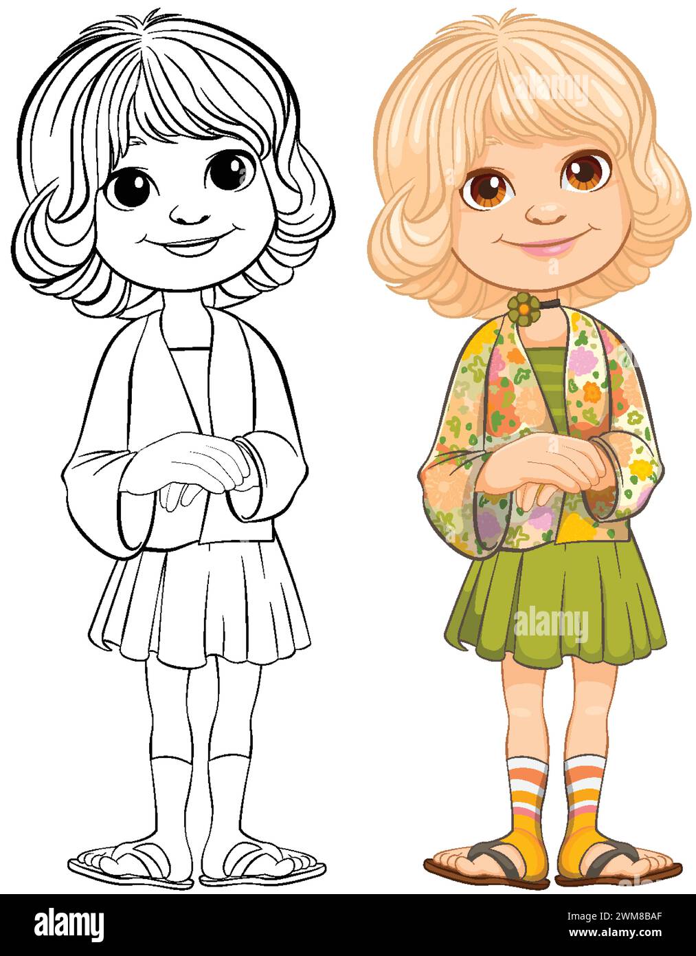 Vector illustration of a girl, colored and line art Stock Vector Image ...