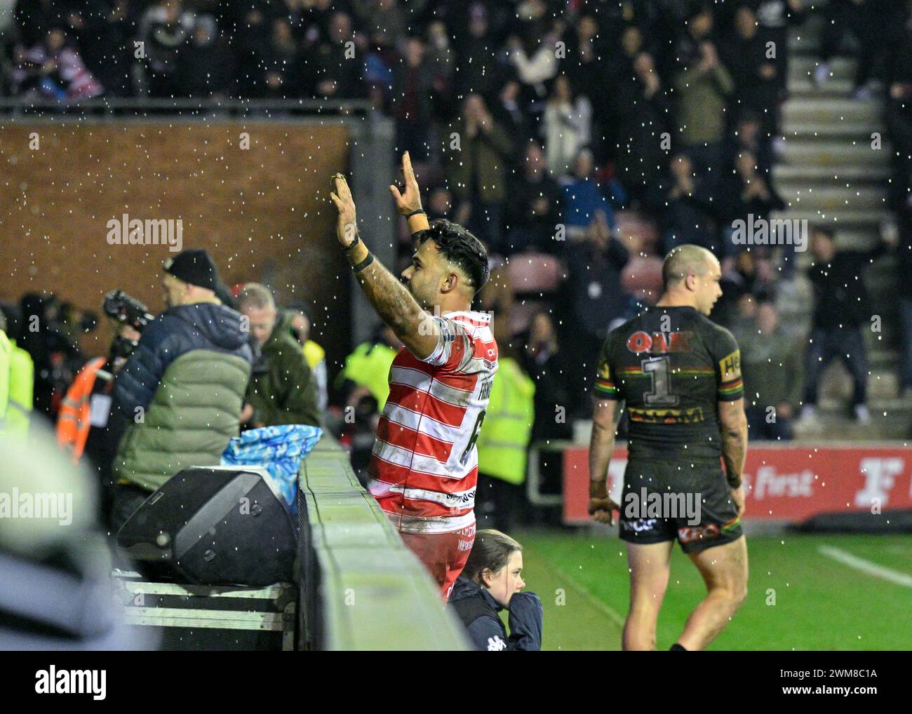 Bevan French of Wigan Warriors celebrates his try which is later ...