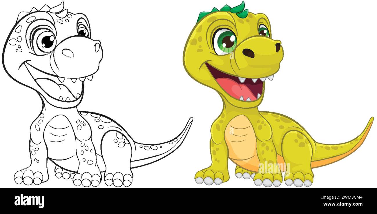Vector illustration of a happy dinosaur, colored and outlined Stock ...