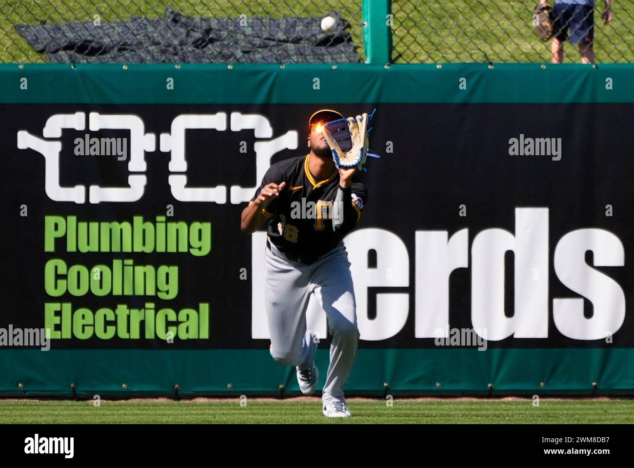 Pittsburgh Pirates left fielder Edward Olivares (38) grabs a fly out by ...