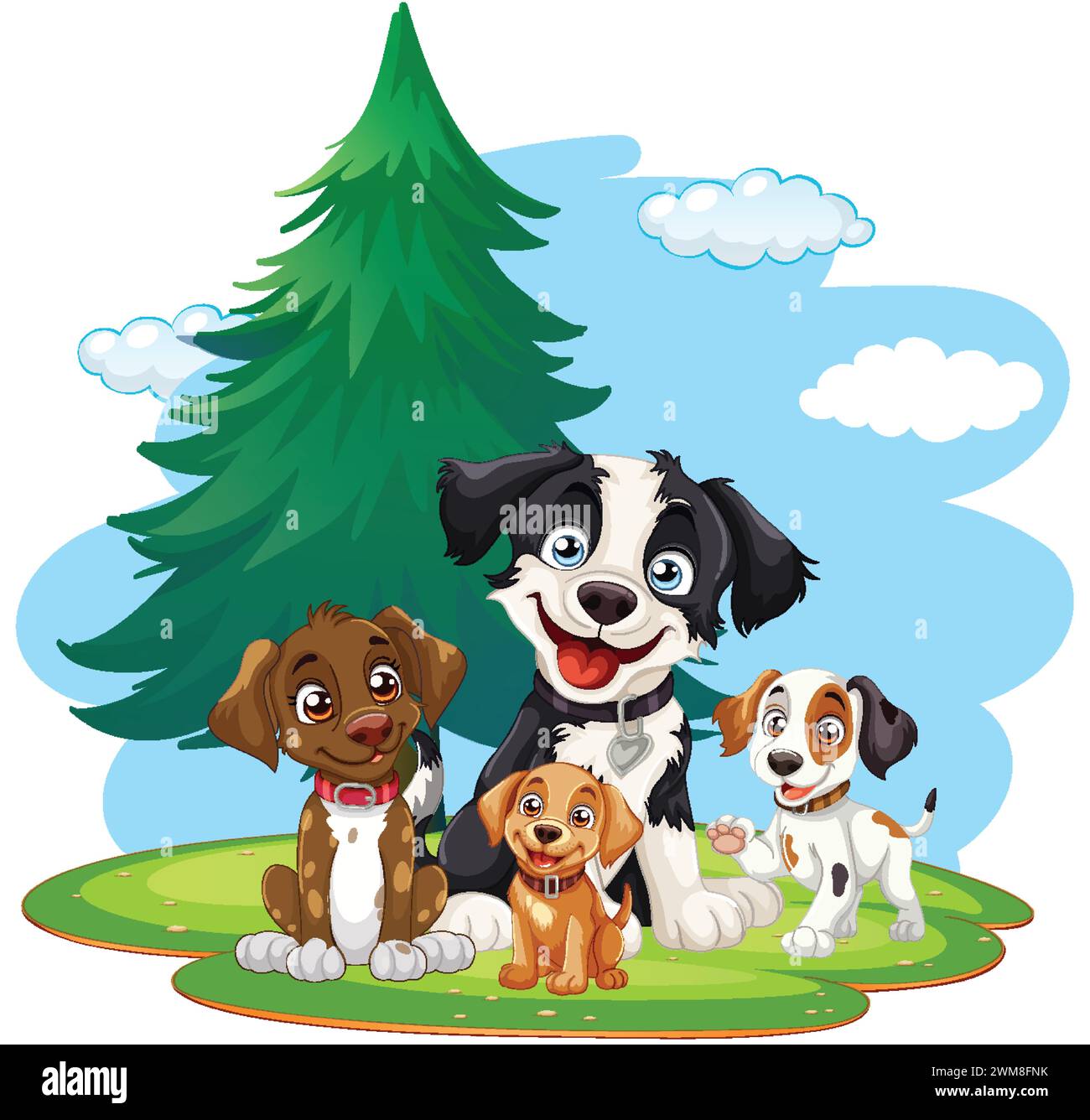 Four cartoon dogs enjoying time together outdoors Stock Vector Image ...