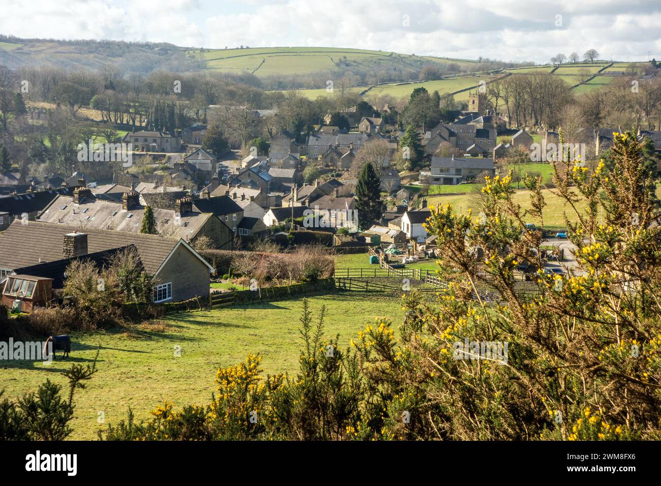 View from above of the landscape over the Peak District village of ...