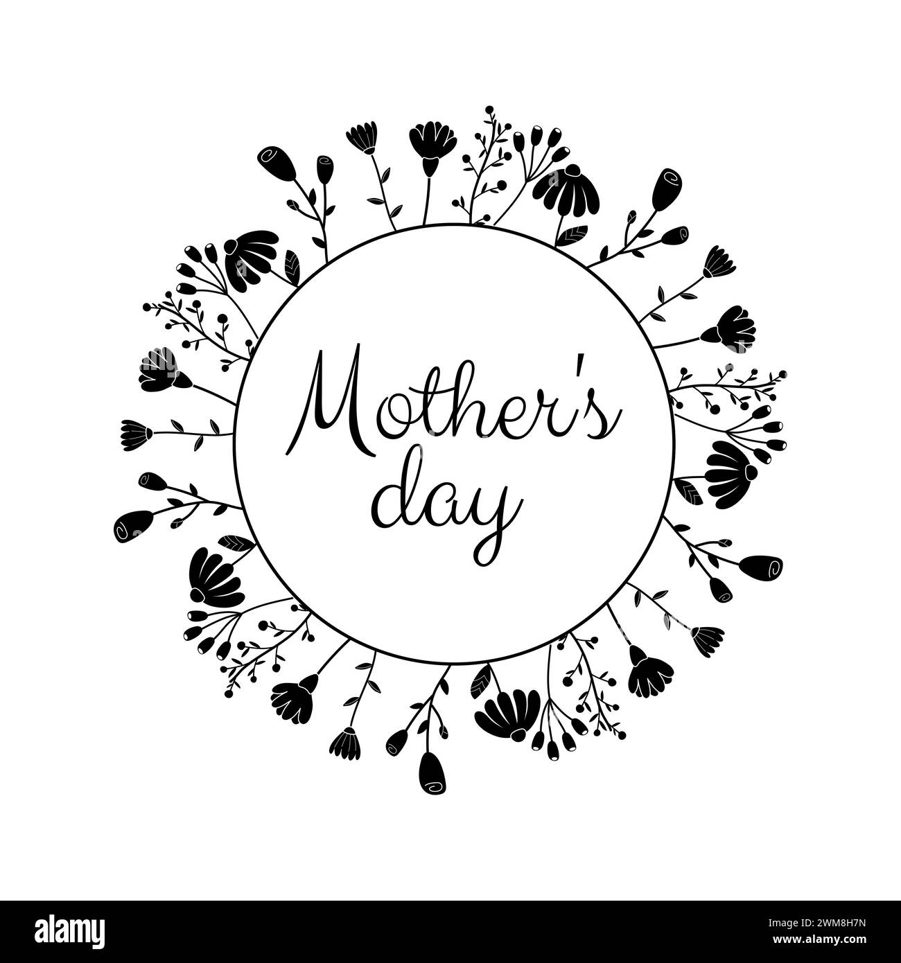 mother's day, black and white text with flower frame on white ...