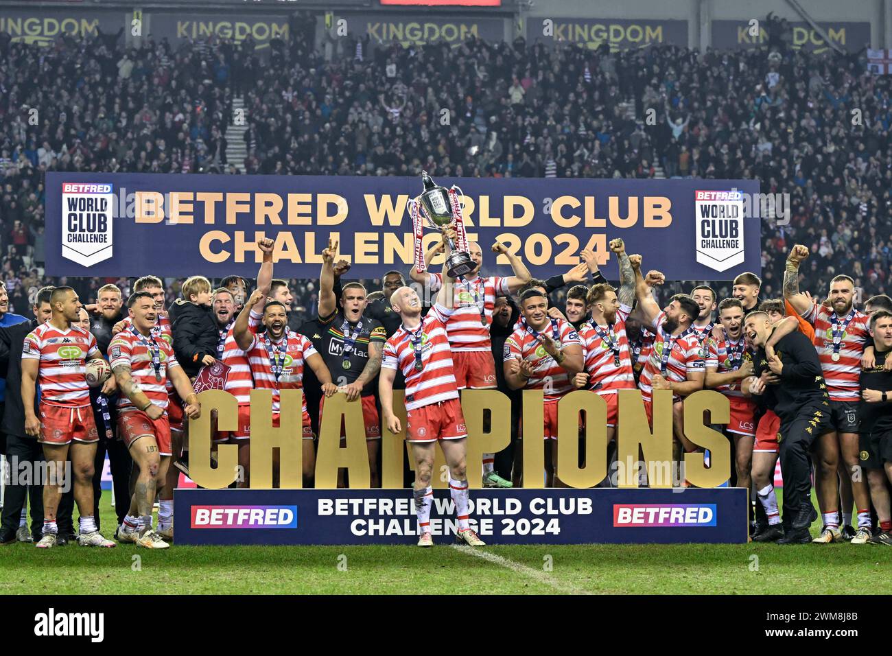 Wigan Warriors lift the World Club Challenge trophy, during the 2024 ...