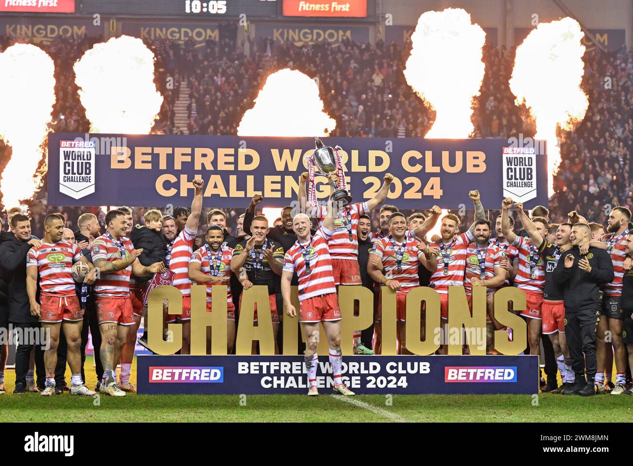 Wigan Warriors lift the World Club Challenge trophy, during the 2024 ...