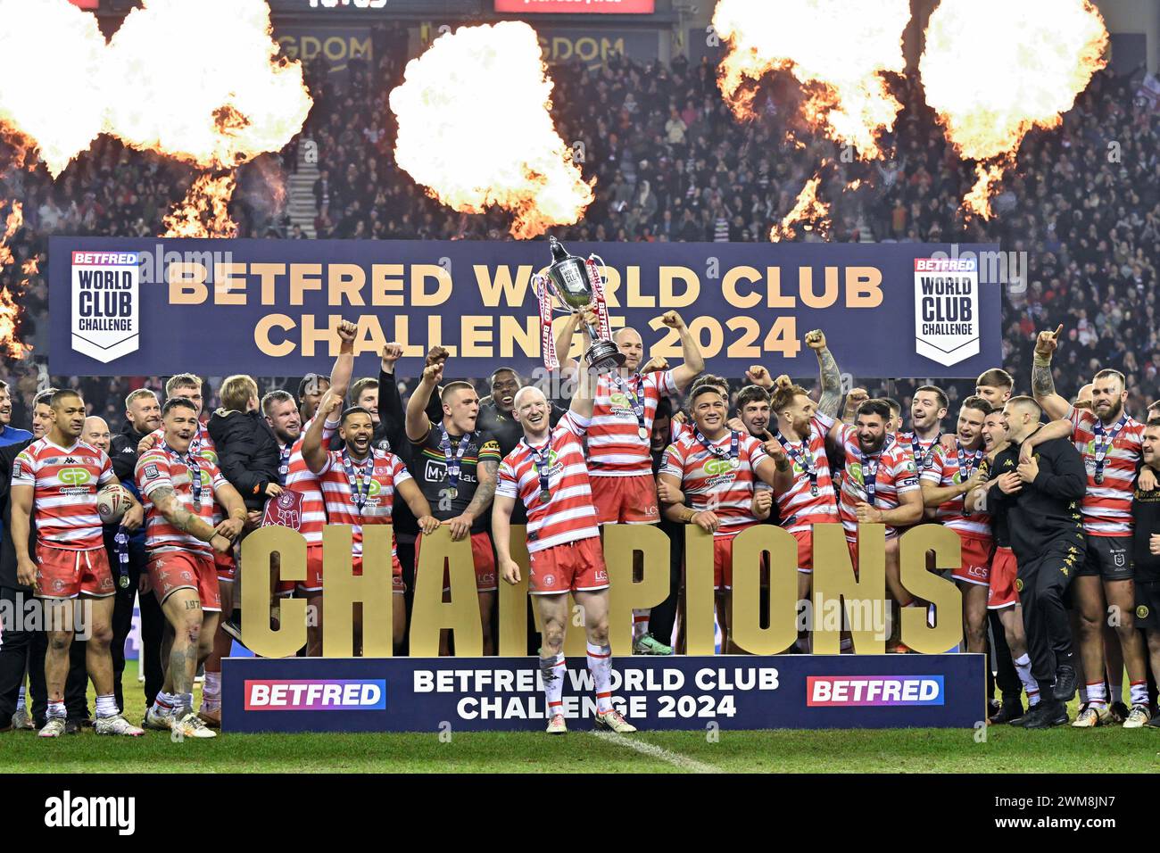 Wigan Warriors lift the World Club Challenge trophy, during the 2024 ...