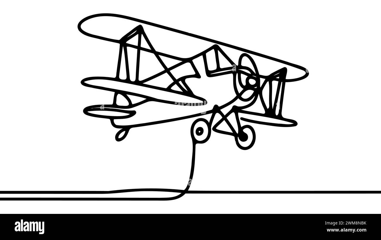 Small plane flying in the sky in one continuous line art drawing style ...