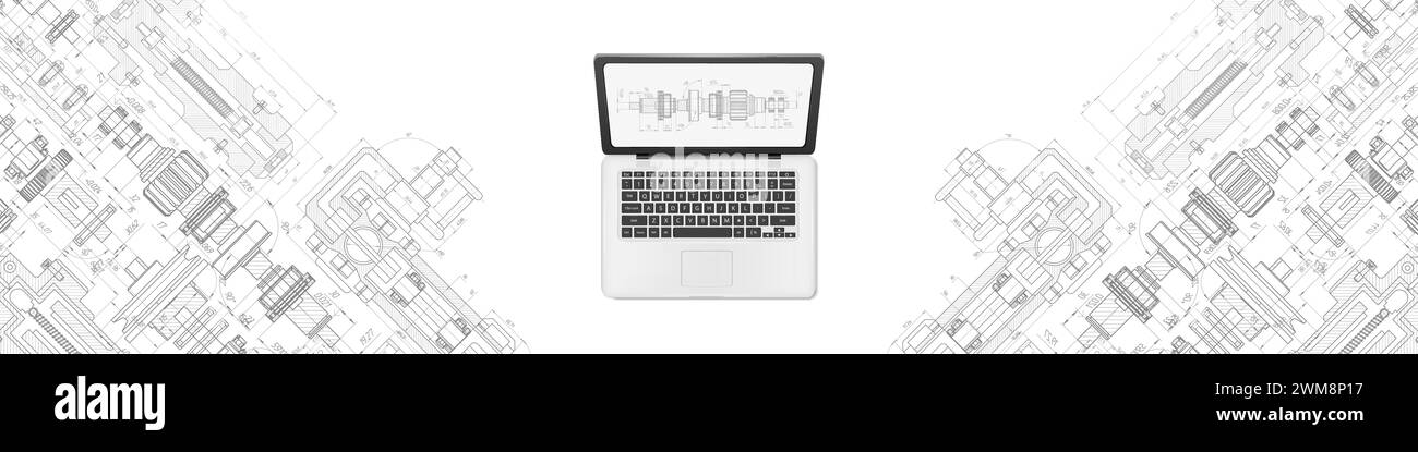 Technology banner with laptop .Technical drawing background.Mechanical ...